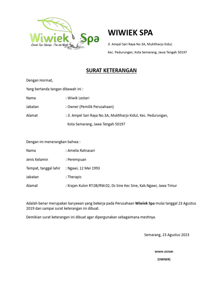 Surat Keterangan Kerja Wiwiek Spa | PDF