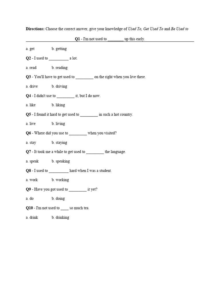 Used To, Get Used To & Be Used To Exercises WS 3 ILI MD E4 Grammar Chapter 10 | PDF