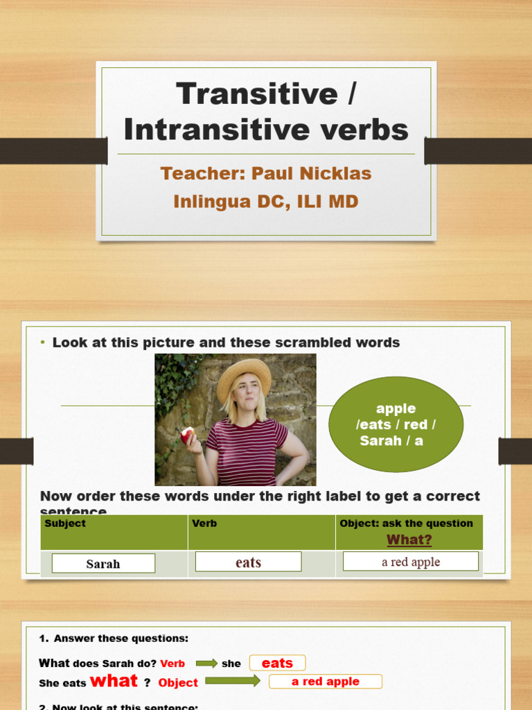 Transitive and Intransitive Verbs PowerPoint, ILI MD, Unit 10, Grammar ...