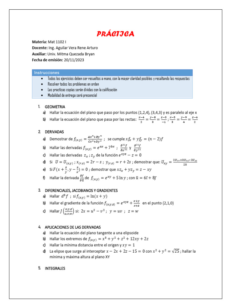 Practica - Mat 1102 I | PDF | Cálculo | Conceptos matemáticos