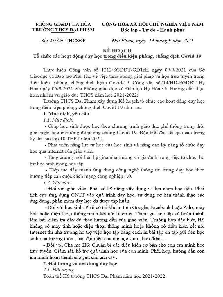 Ke Hoach Day Hoc Khi Phong Chong Covid-19 THCS Dai Pham dfd97b13db | PDF