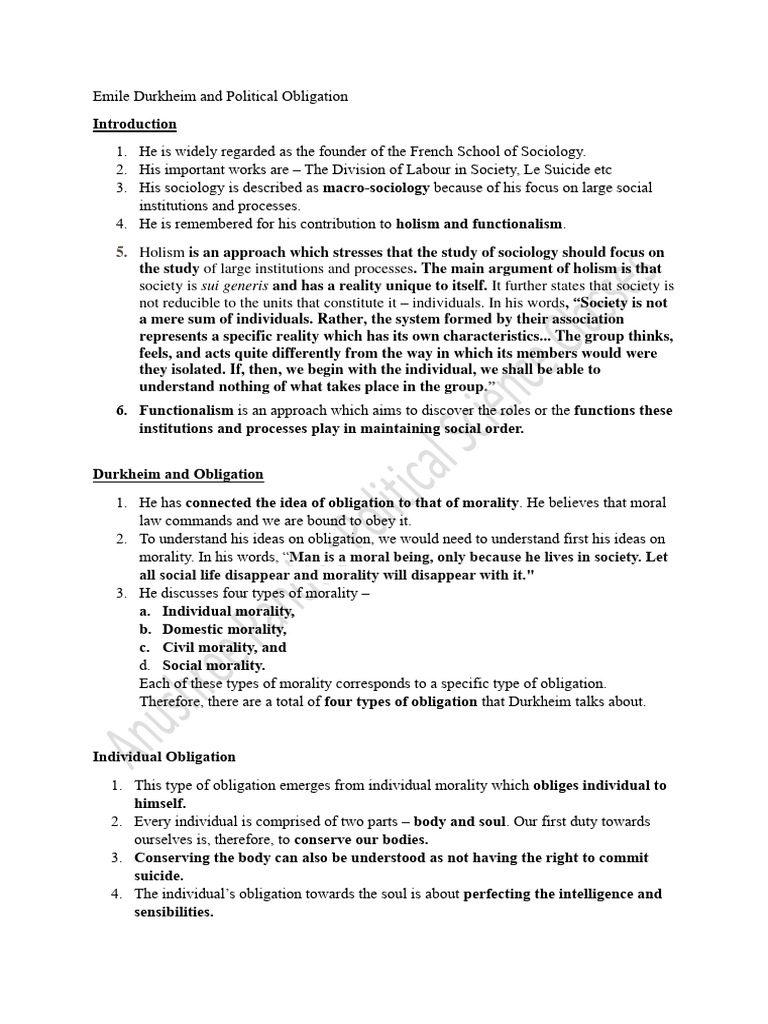 Durkheim On Political Obligation | PDF | Émile Durkheim | Sociology