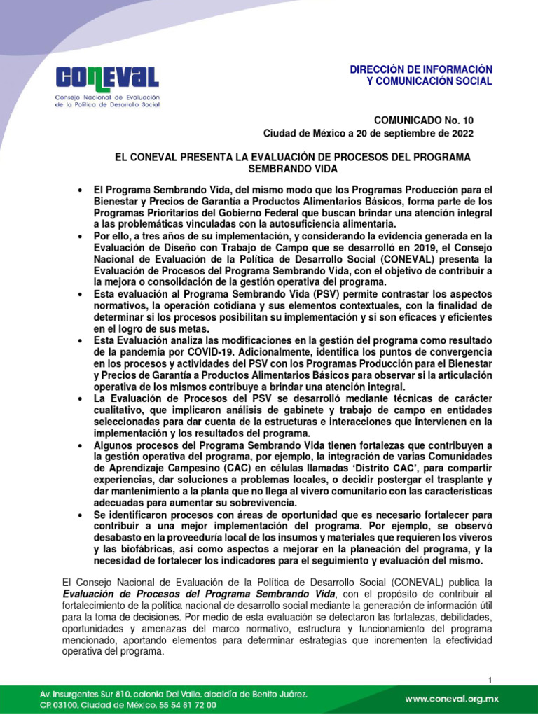Comunicado 10 Evaluacion Procesos Programa Sembrando Vida | PDF | Evaluación | Planificación