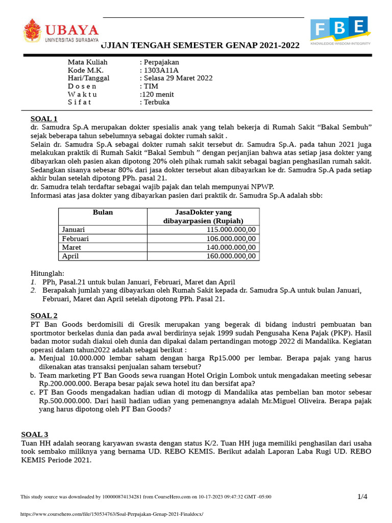 Soal Perpajakan Genap 2021 Final | PDF | Pengelolaan Keuangan & Uang