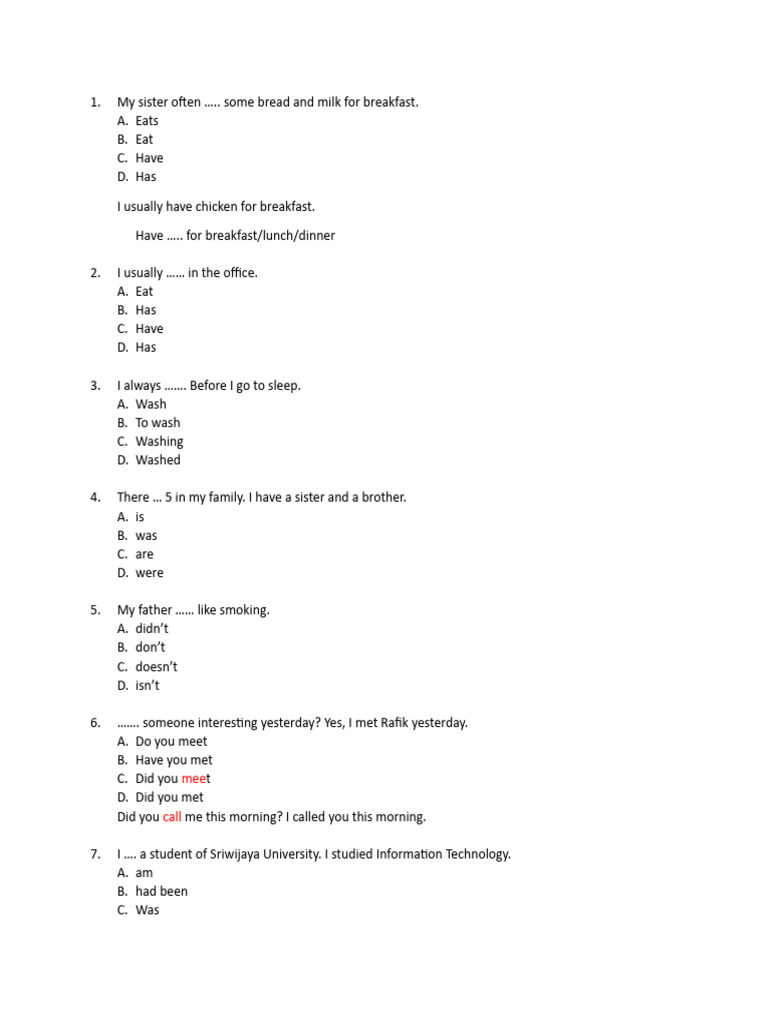 English Tenses & Conditional Practce Test | PDF | Meal | Eating ...