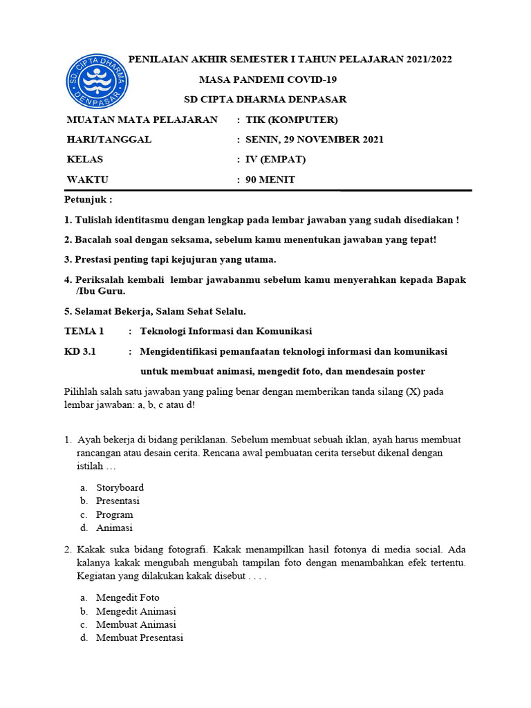 Soal Pas Tik 4 Semester 1 2021 2022 Belum Selesai | PDF