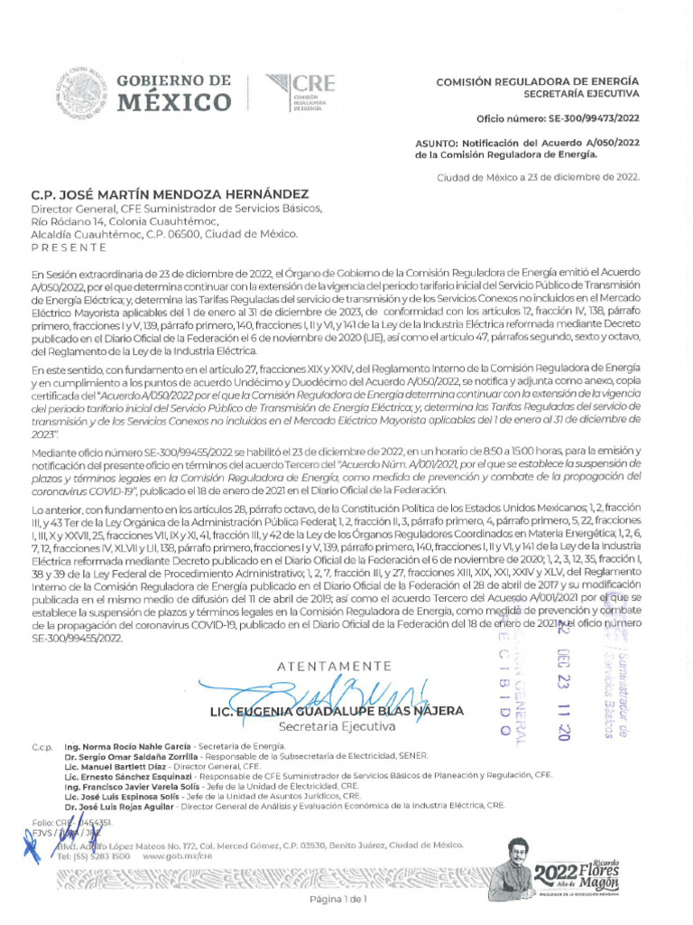 Oficio. SE-300-99473-2022 Acuerdo CRE A-050-2022 Tarifas Reguladas 2023 ...