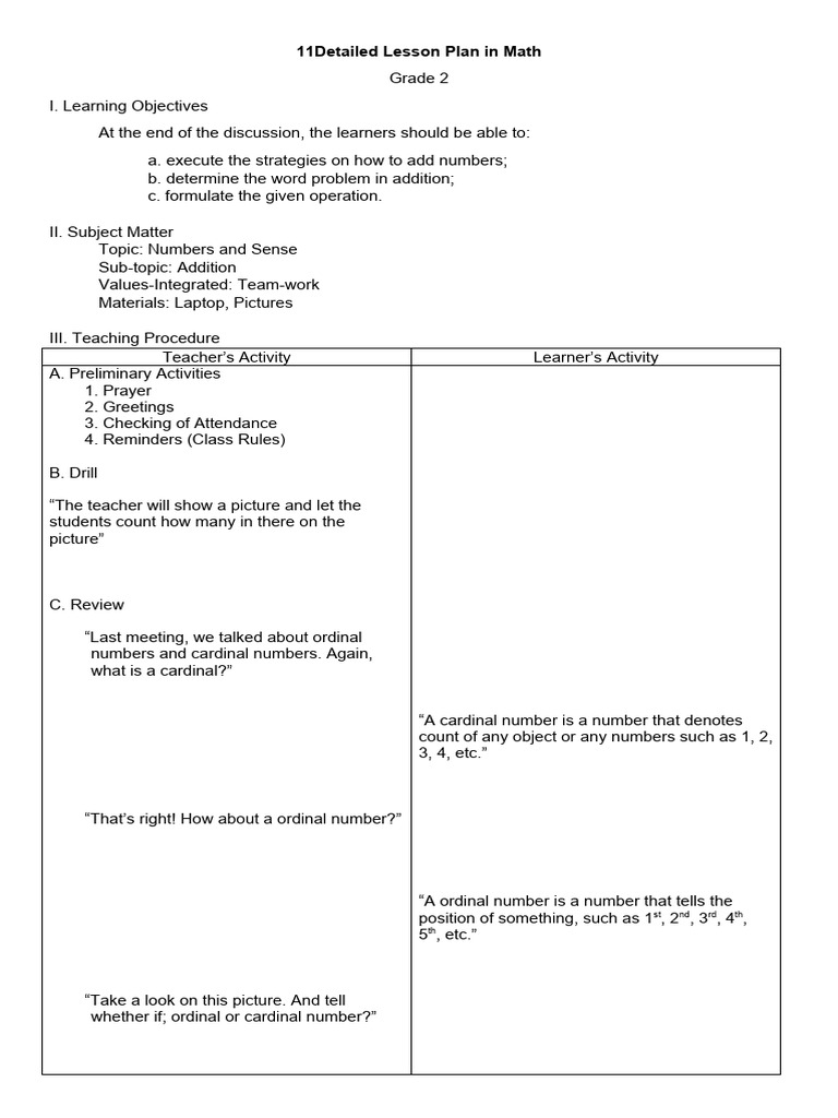Detailed Lesson Plan in Math Demo | PDF | Lesson Plan | Mathematics