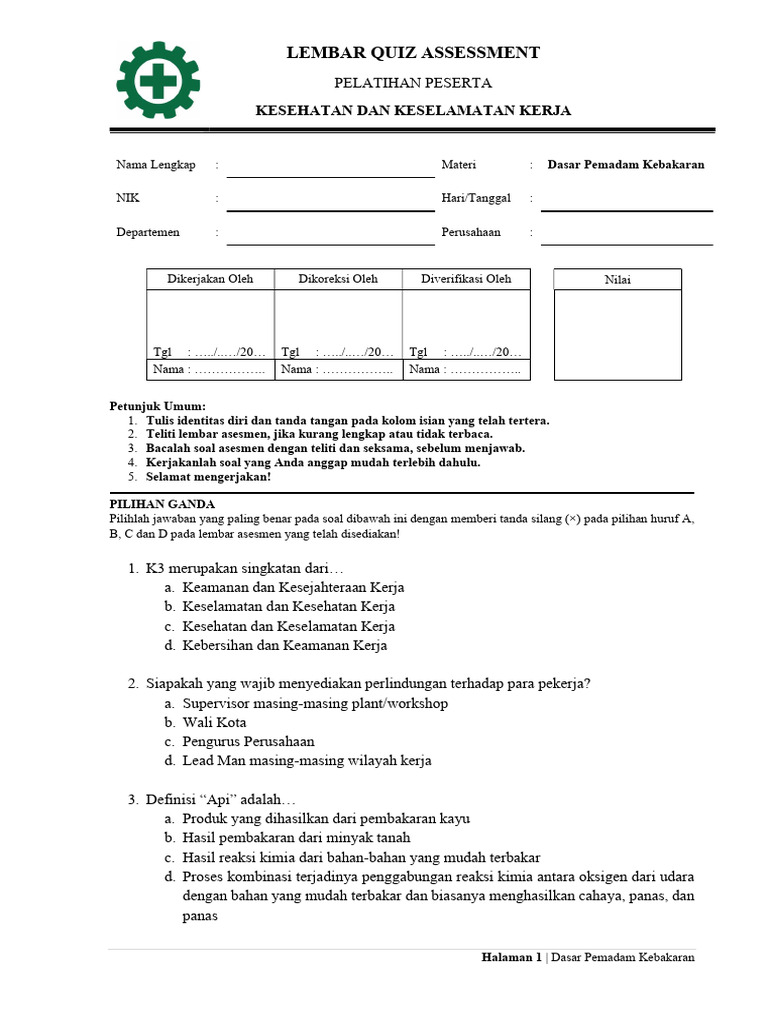 Quiz Dasar Pemadam Kebakaran K3 Pdf