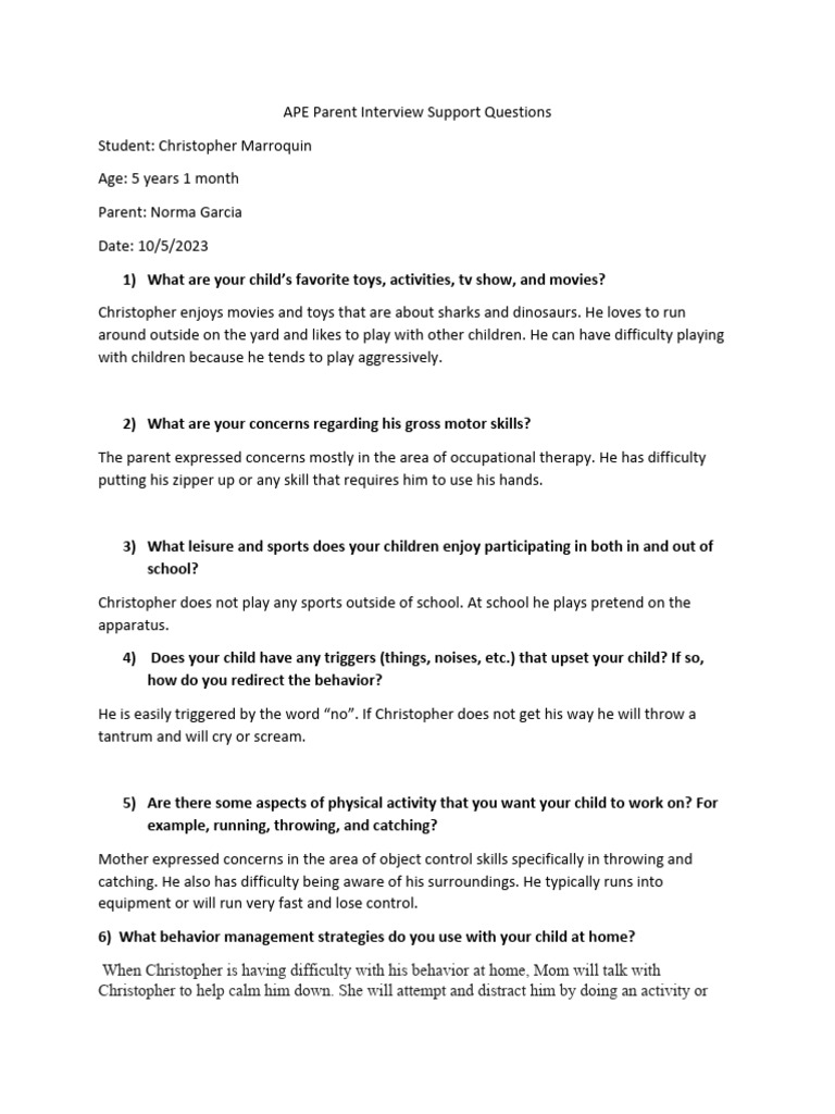 Assessment Parent Interview | PDF | Psychology | Cognition