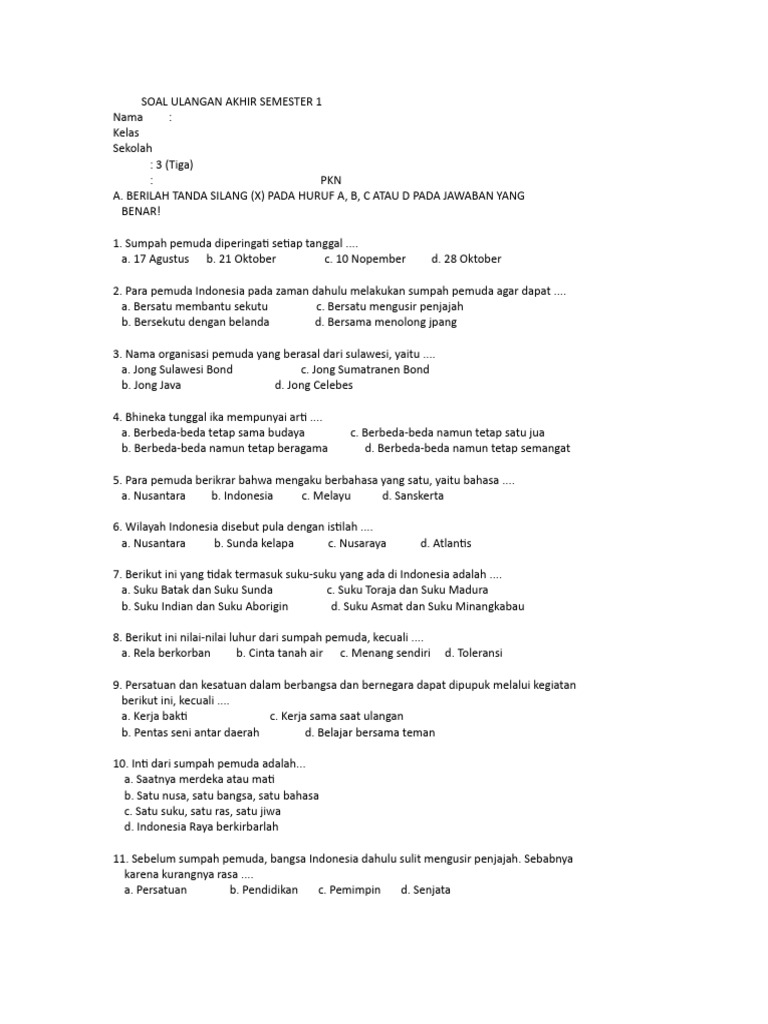 Soal UAS PKN Kelas 3 SD Semester 1 Ganjil Dan Kunci Jawabannya WWW Bim | PDF | Kajian Bahasa Asing