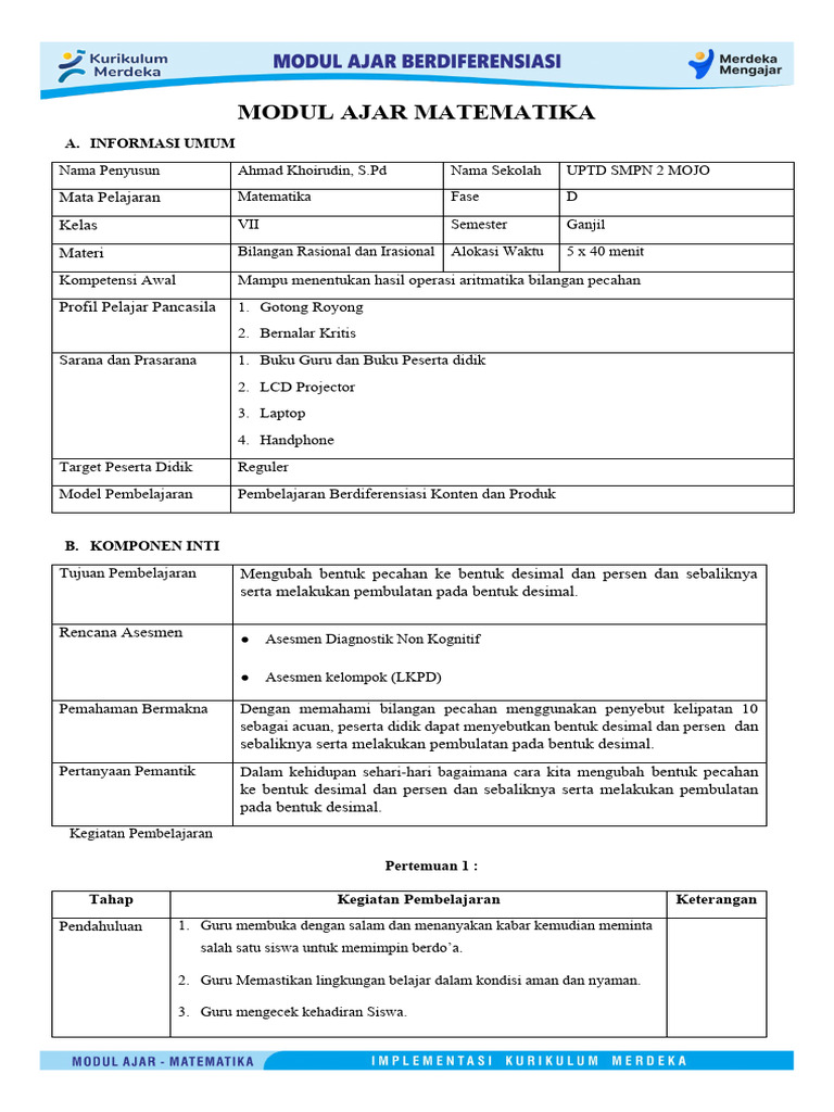 Bilangan Rasional & Irasional Kelas VII | PDF
