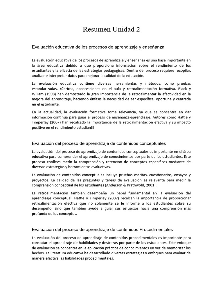 Resumen de La Unidad 2 Paulina Burgos | PDF | Evaluación | Aprendizaje