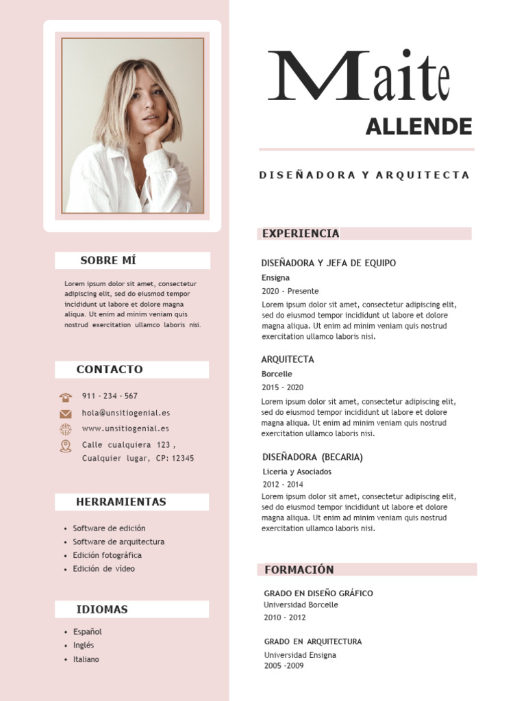 Currículum Vitae CV Diseñadora y Arquitecta Minimalista Rosa | PDF