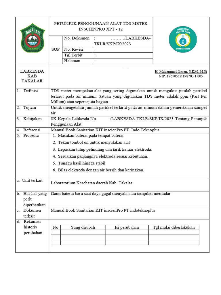 SOP Penggunaan Alat TDS METER INSCIENPRO | PDF