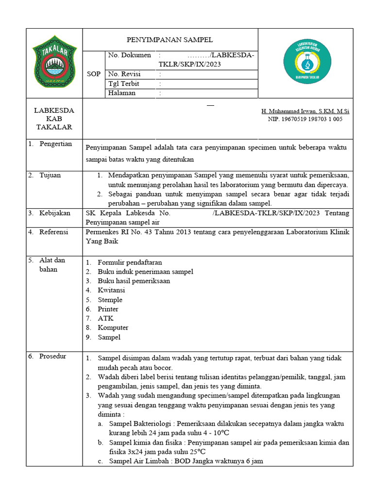 SOP Penyimpanan Sampel Laboratorium | PDF