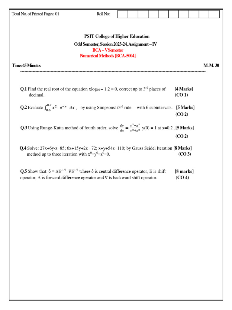 Assignment-IV Numerical Methods BCA-5004 | PDF