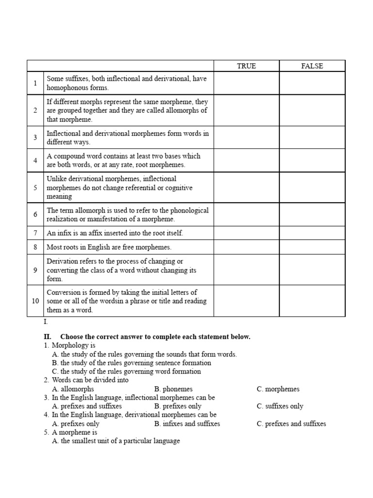 Morphology Exam and Practice Questions | PDF | Word | Morphology ...