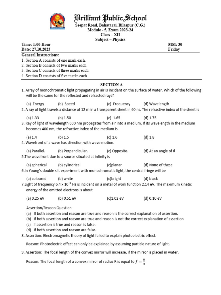 Physics Class 12 M5 2023-24 | PDF | Photoelectric Effect | Refraction