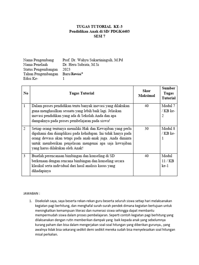 Tugas Tutorial 3 Pendidikan Anak Di SD | PDF | Karier & Perkembangan ...