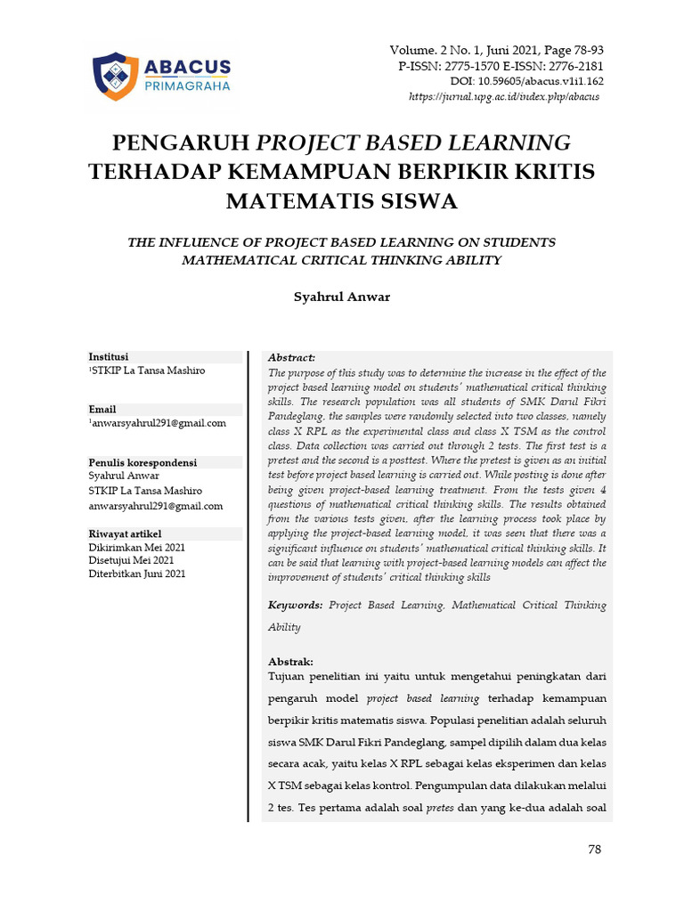 Pengaruh Project Based Learning Terhadap Kemampuan Berpikir Kritis Matematis Siswa | PDF ...