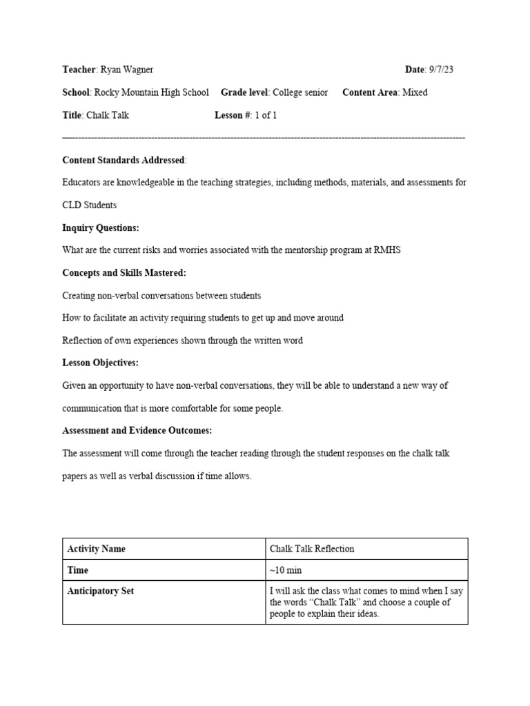 Making Thinking Visible Lesson Plan Chalk Talk 1 1 | PDF | Nonverbal ...