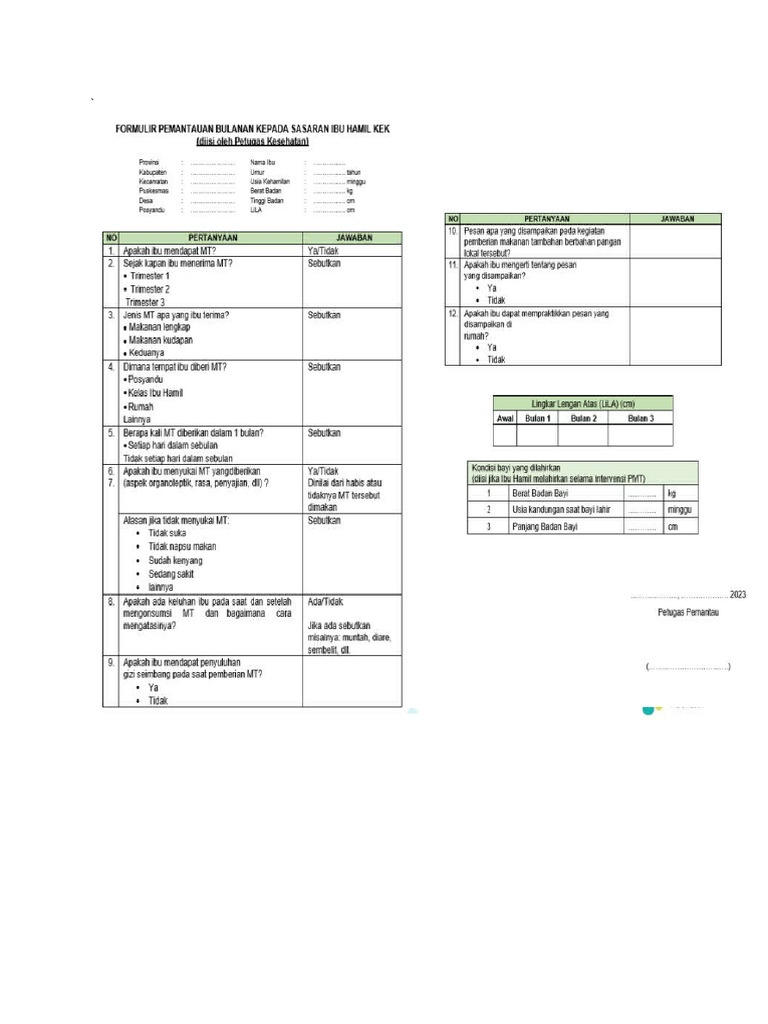 Form Pemantauan Bulanan PMT Lokal | PDF