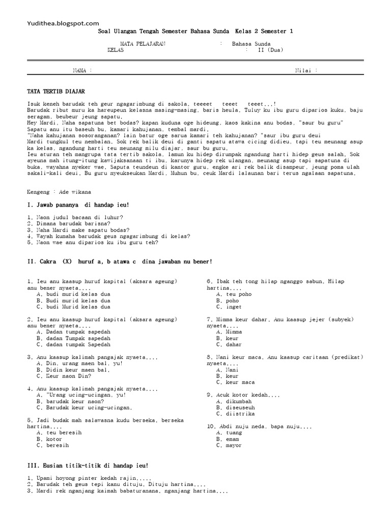 Soal UTS BHS SUNDA Kelas 2 Semester 1 | PDF