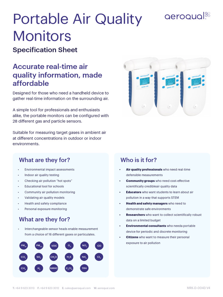 Aeroqual S500 Portable Air Quality Monitors Spec Sheet | PDF | Air ...