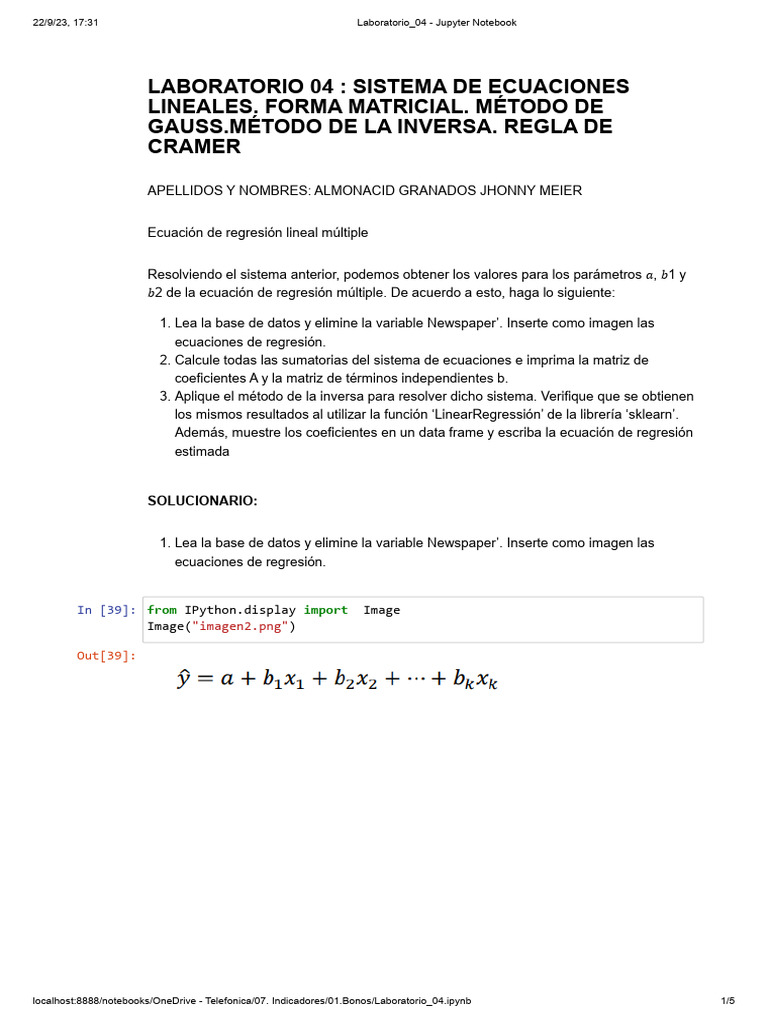 Laboratorio_04 - Jupyter Notebook | PDF | Ecuaciones | Regresión lineal