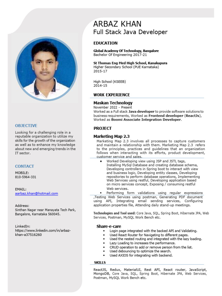 Arbaz Khan Full Stack Java Developer | PDF | Spring Framework | Databases