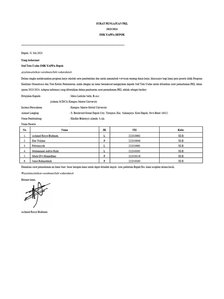 Surat Pengajuan PKL SMK YAPPA | PDF
