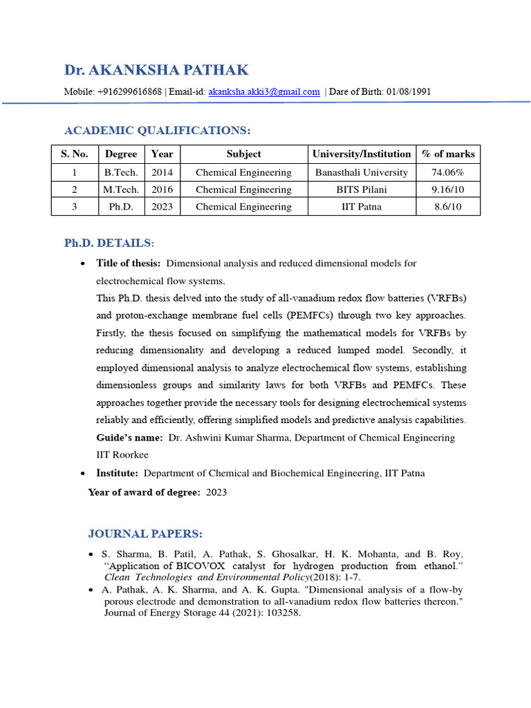 Curriculum Vitae Akanksha New | PDF | Electrochemistry | Chemical Reactor