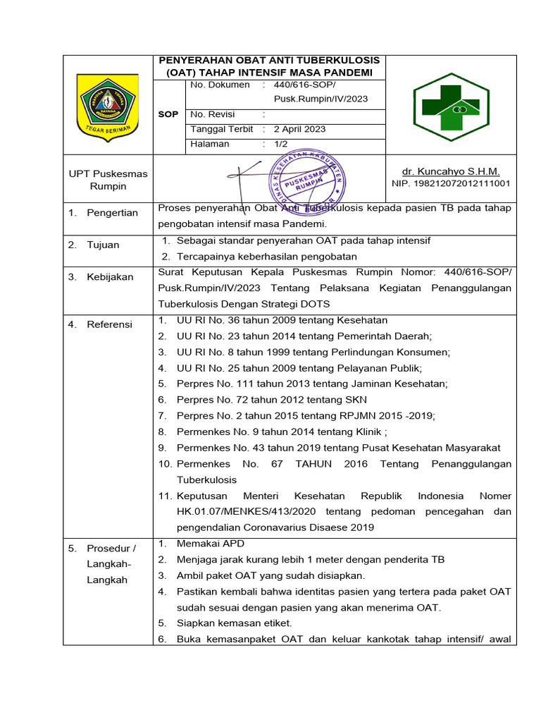 SOP Penyerahan Obat Anti Tuberkulosis (OAT) Tahap Intensif Masa Pandemi ...