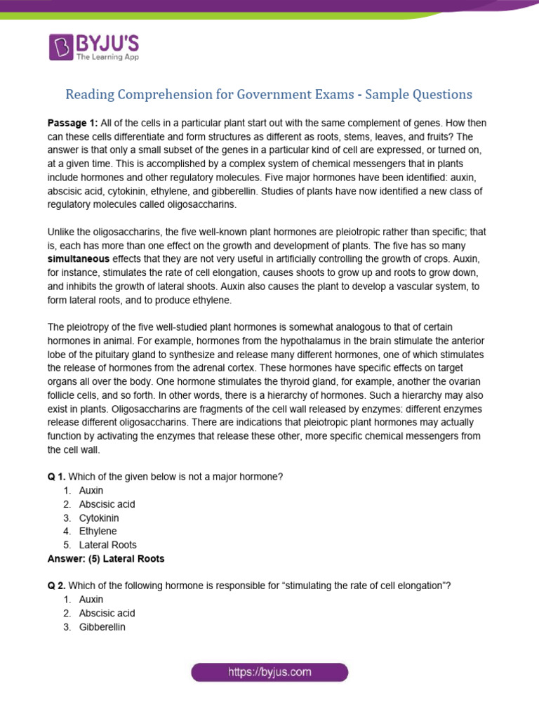 Reading Comprehension For Government Exams Sample Questions | PDF ...