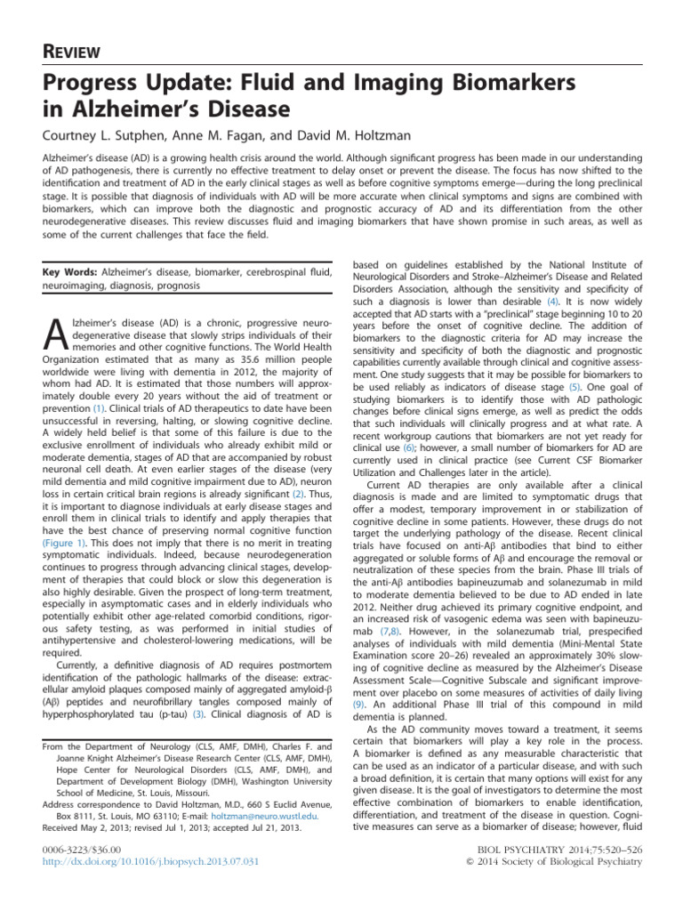 Progress Update Fluid and Imaging Biomarkers in Alzhe - 2014 - Biological Psych | PDF | Dementia ...