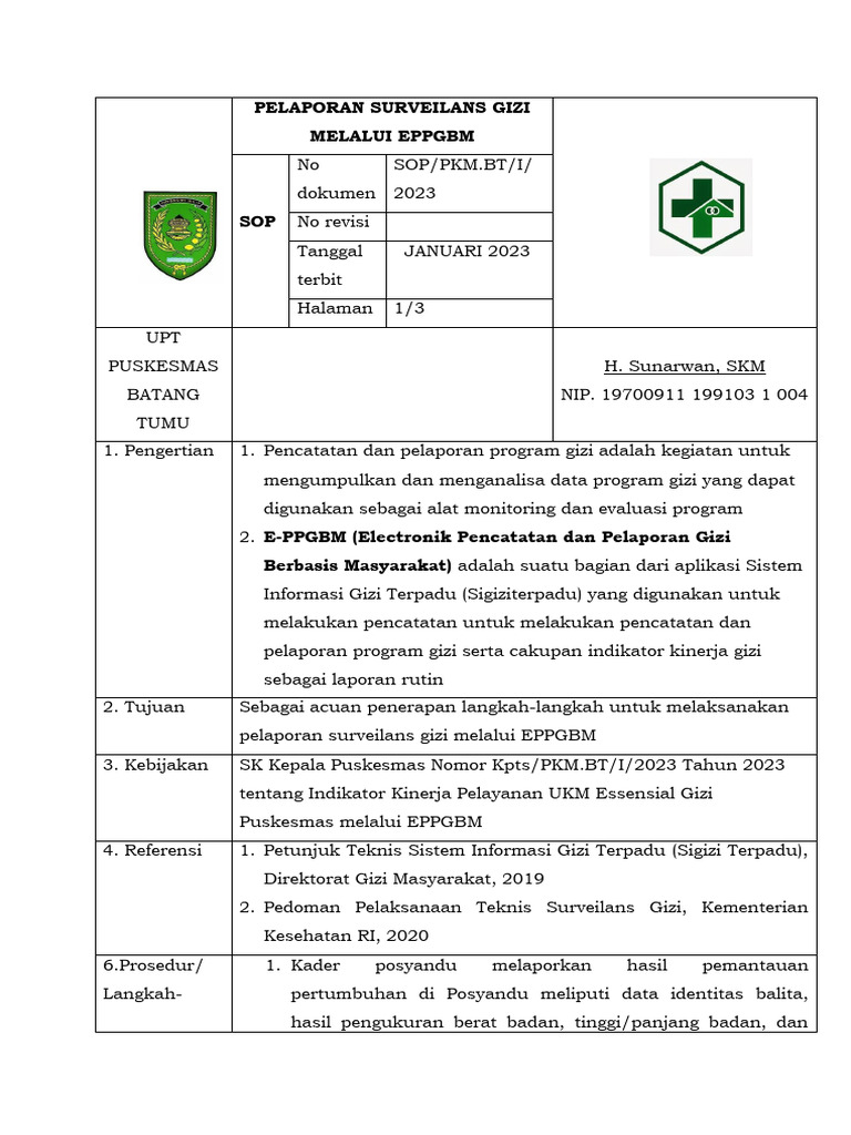 Sop Pelaporan Surveilans Gizi Melalui Eppgbm | PDF