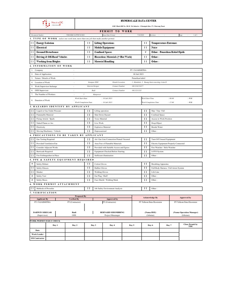 Form PTW General - Telkom HDC - FIX | PDF | Occupational Safety And ...