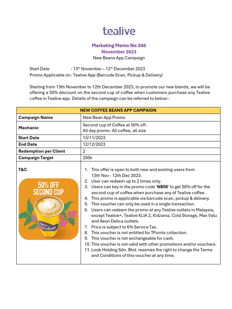 Tealive Marketing Memo 550 - New Bean App Campaign | PDF | Voucher | Service Industries