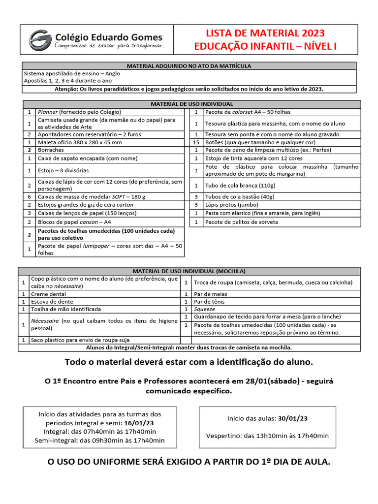 Flista de Material Educacao Infantil | PDF