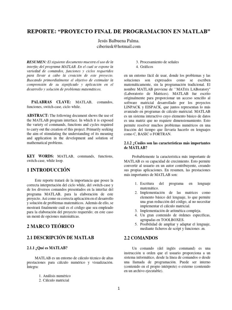 Reporte Proyecto Final de Programacion e | PDF | Matriz (Matemáticas) | Matlab