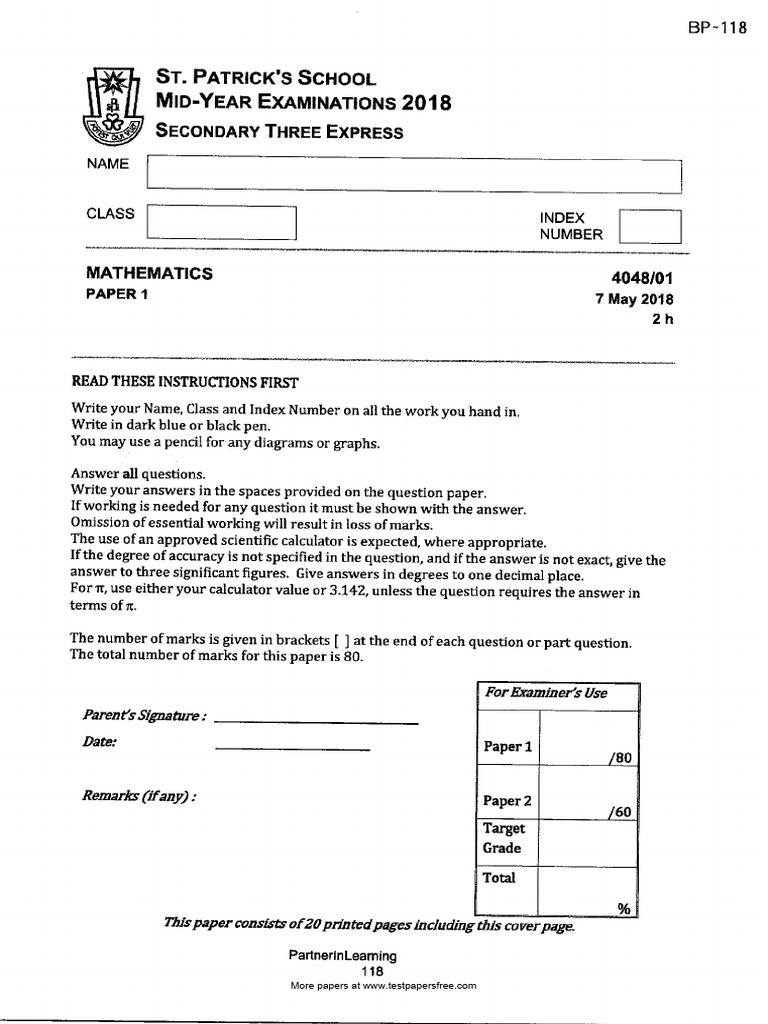 2018 Secondary 3 EMath (ST Patrick Secondary School) - MYE | PDF 2018 Secondary 3 EMath (ST Patrick Secondary School) - MYE | PDF