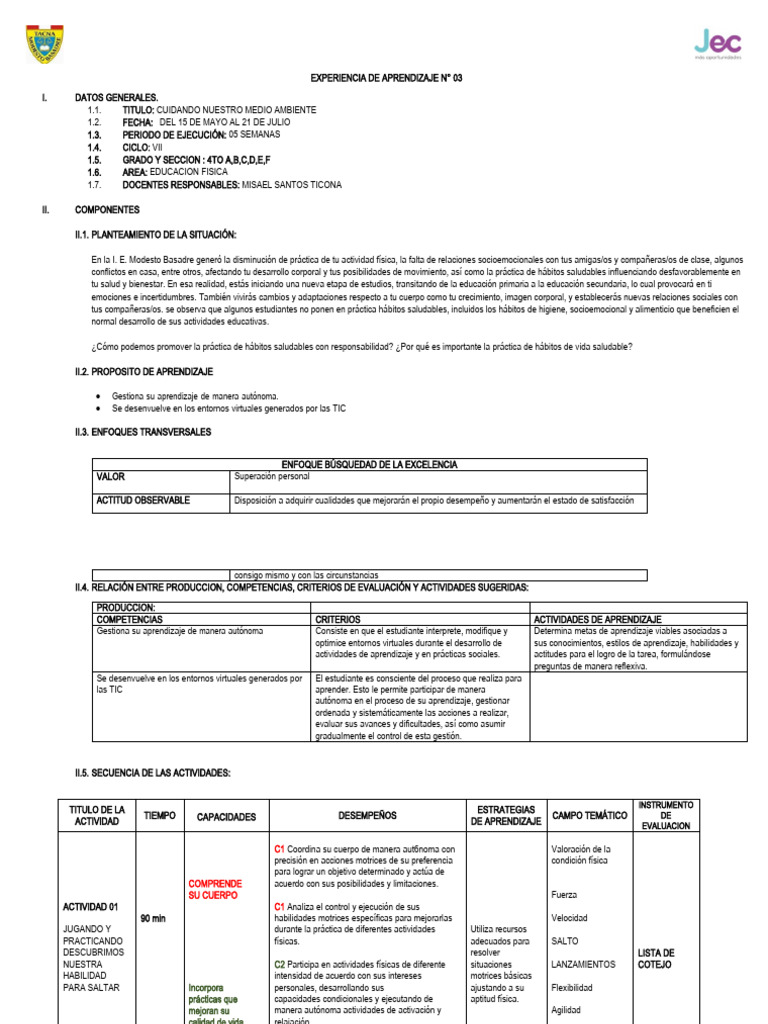 Experiencia de Aprendizaje 03 CICLO VII 4TO | PDF | Aprendizaje | Evaluación