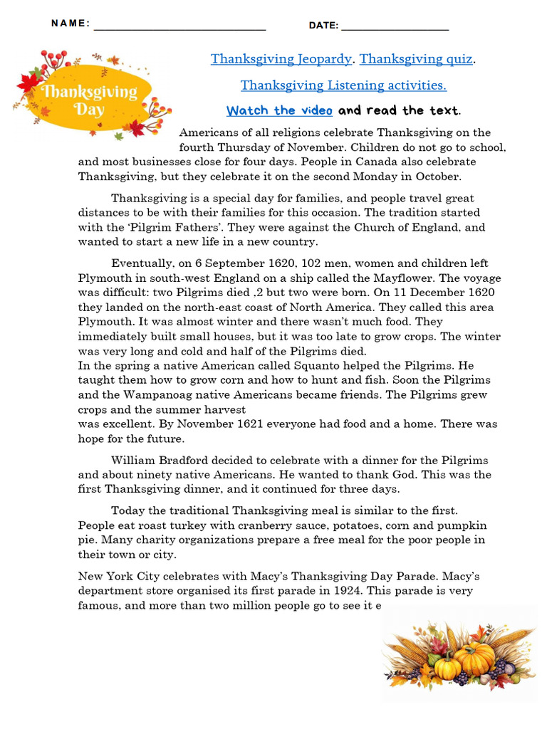 Thanksgiving History and Traditions Worksheet | PDF | Gratitude ...