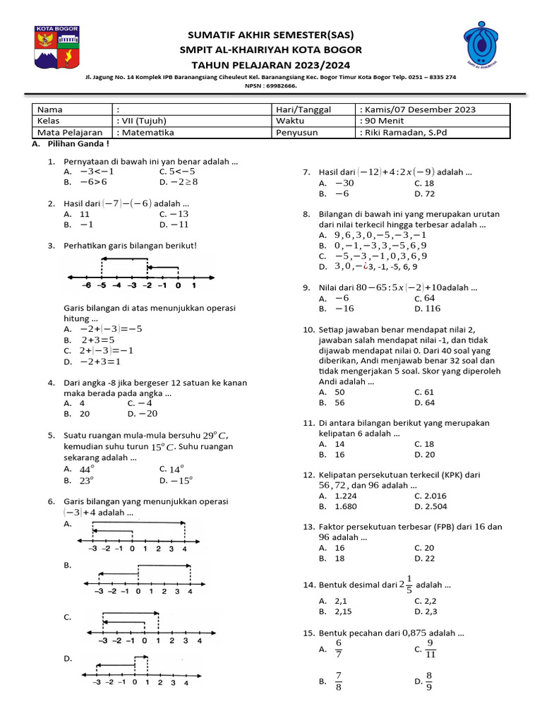 Soal Sas MTK Kelas 7 | PDF