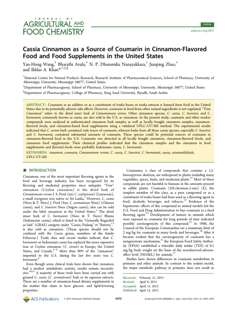 Cassia Cinnamon As A Source of Coumarin in Cinnamon-Flavored Food and ...