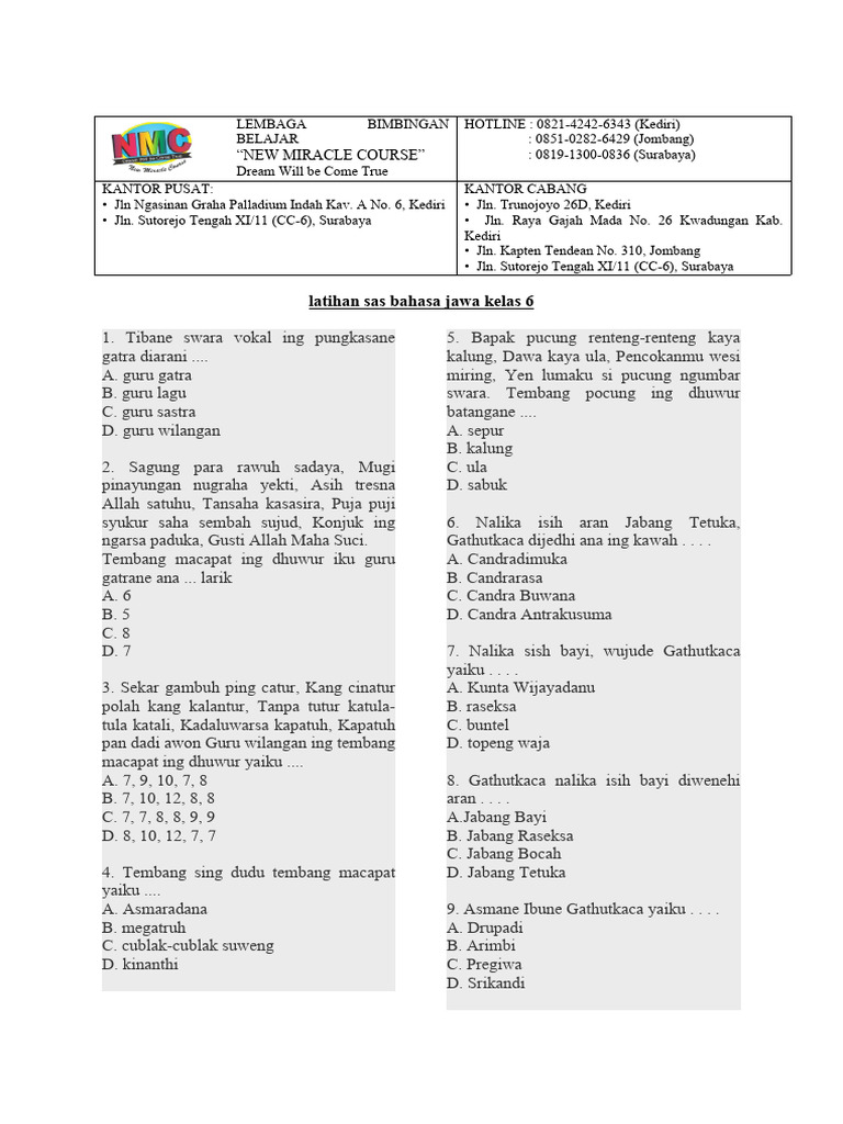 Latihan Pas Bahasa Jawa Kelas 6 | PDF | Seni & Disiplin Bahasa