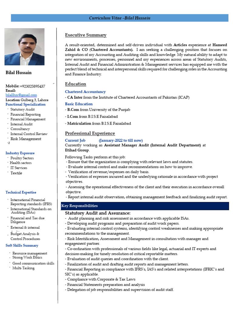 Bilal Hussain - CV | PDF | Audit | Internal Control