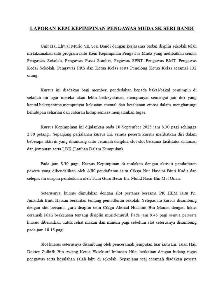 Laporan Kem Kepimpinan Pengawas Muda SK Seri Bandi | PDF