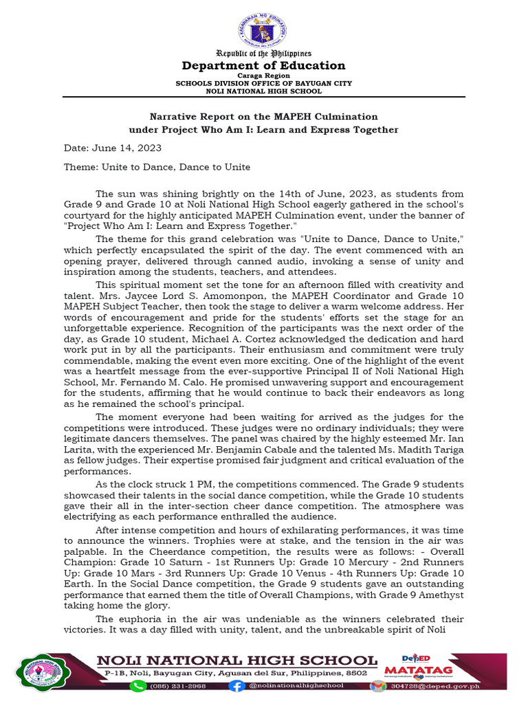 Narrative Report 2023-MAPEH Culmination | PDF